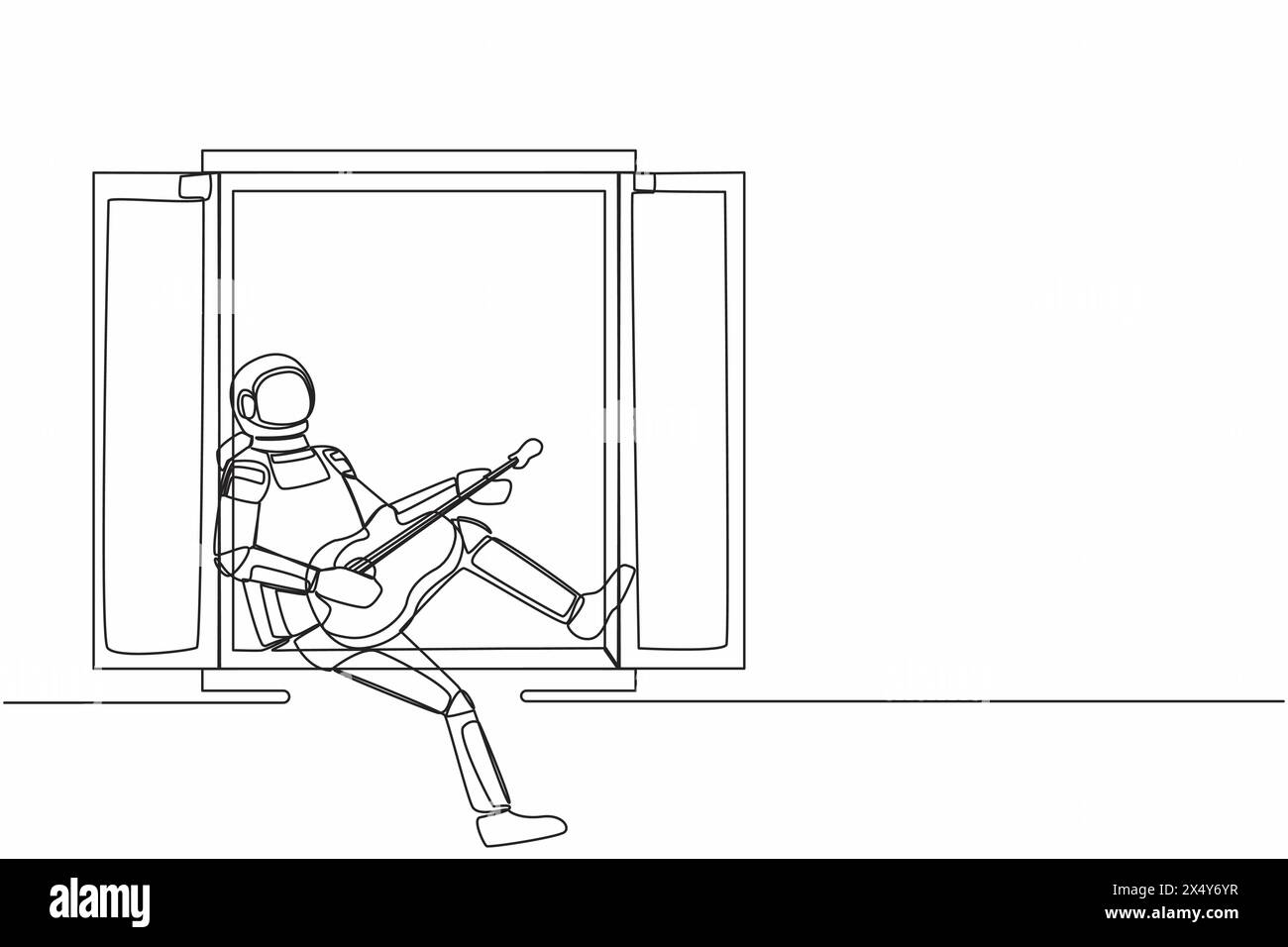 Single continuous line drawing young astronaut sitting on windowsill ...