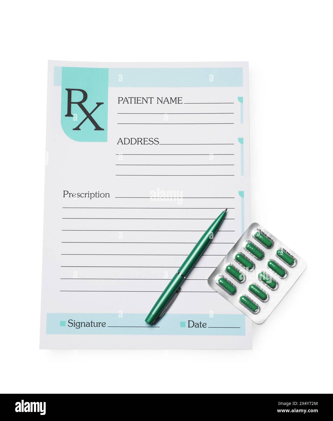 Medical prescription form, pen and pills on white background, top view ...