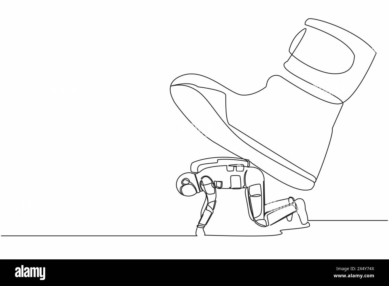 Single continuous line drawing of young astronaut crawling under giant ...