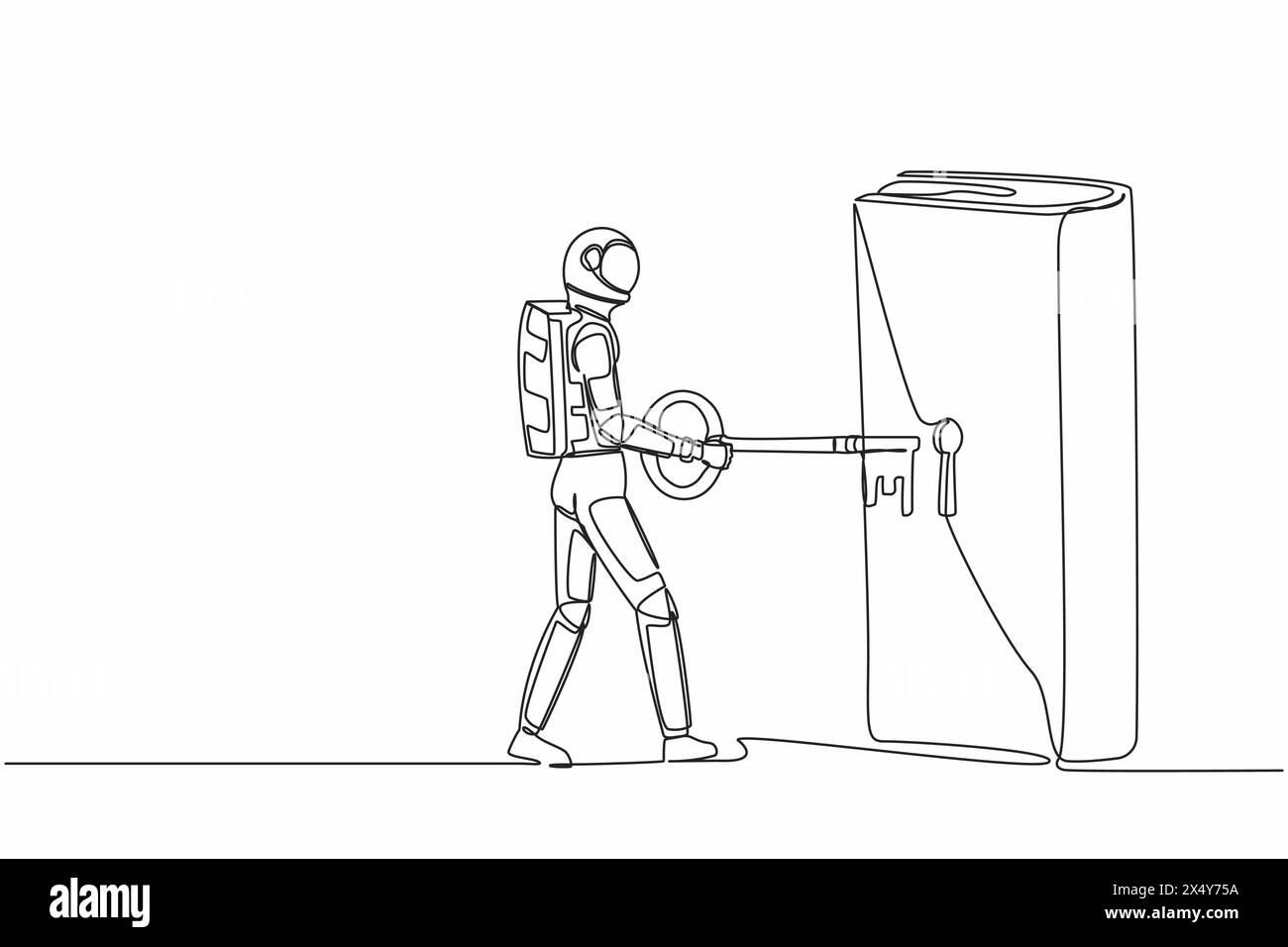Continuous one line drawing astronaut putting key into book. Unlock ...