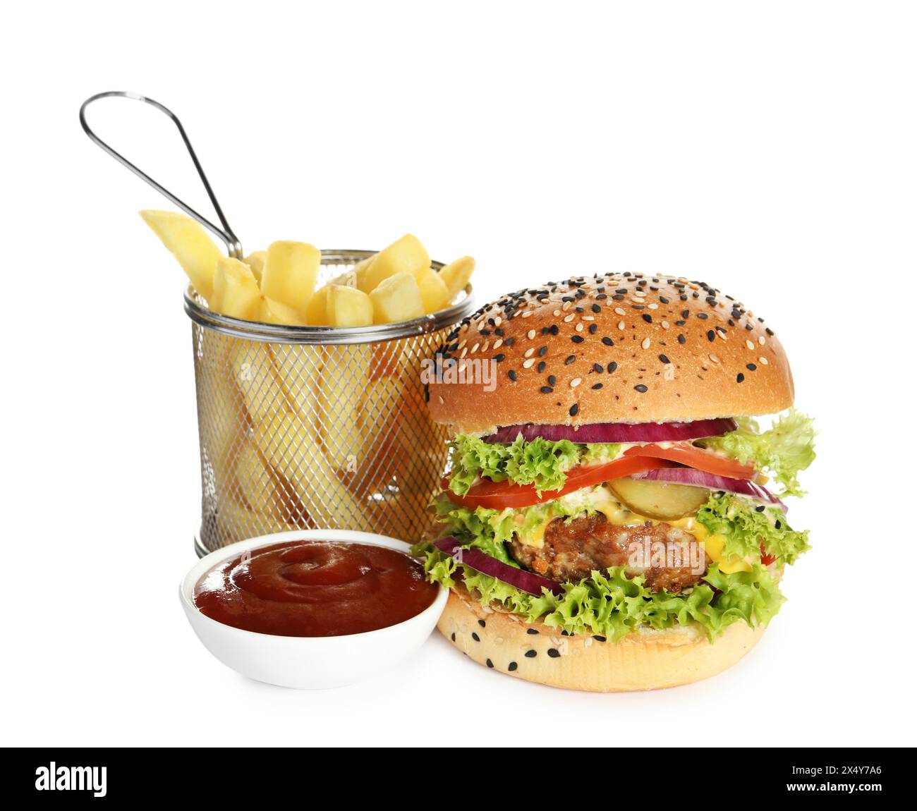 Burger with delicious patty, french fries and sauce isolated on white ...