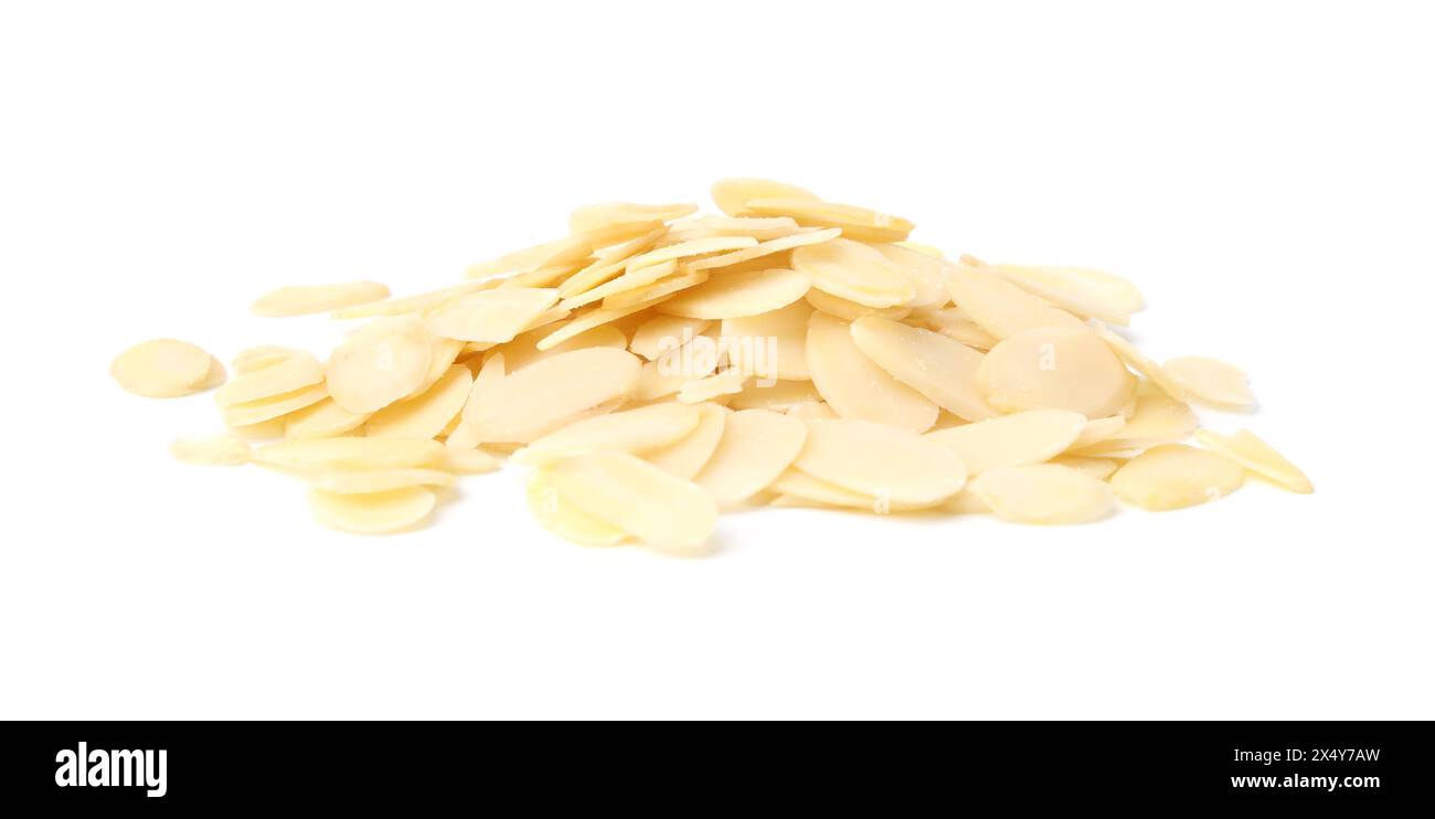 Pile of fresh almond flakes isolated on white Stock Photo - Alamy