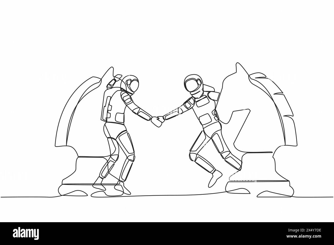 Single continuous line drawing of young astronaut competitors standing on horse chess piece ...