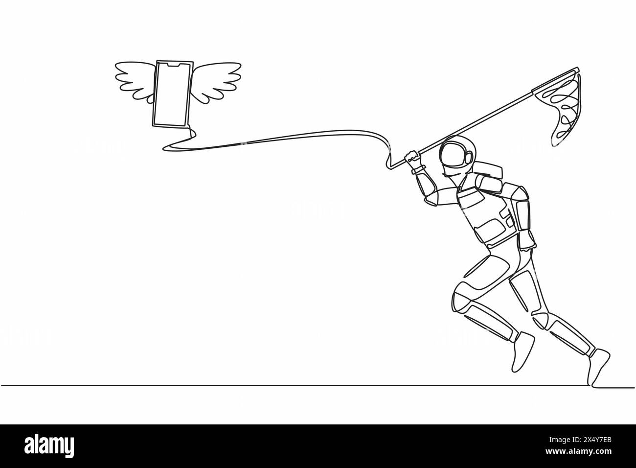 Continuous one line drawing young astronaut try to catch flying ...