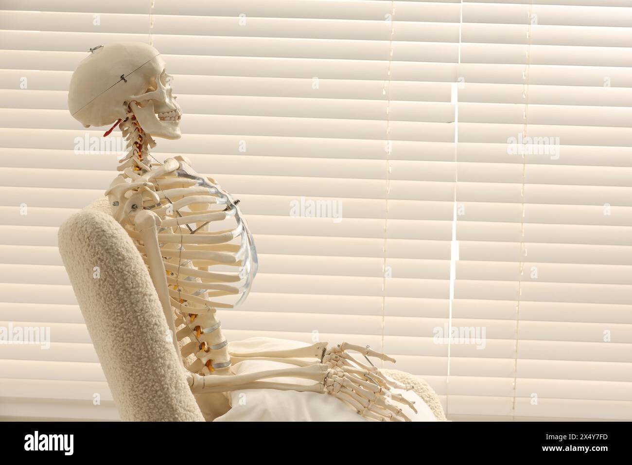 Waiting concept. Human skeleton sitting in armchair indoors, space for ...