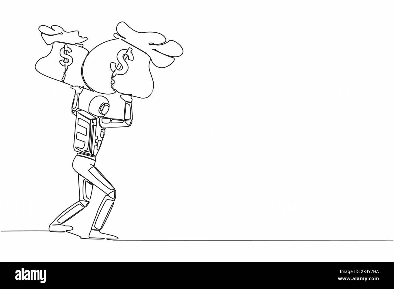 Continuous one line drawing young astronaut carrying heavy money bag on ...