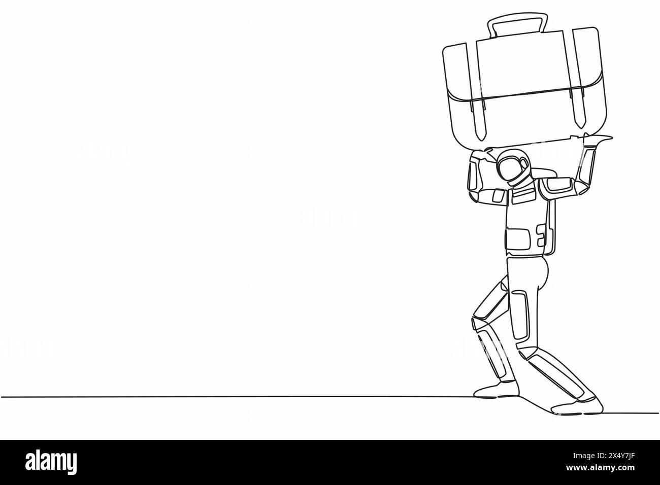 Single one line drawing astronaut carrying heavy briefcase on his back ...