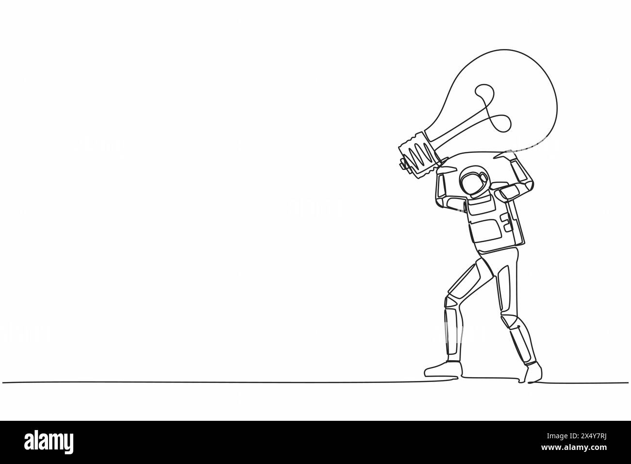 Continuous one line drawing of young astronaut carrying heavy light ...