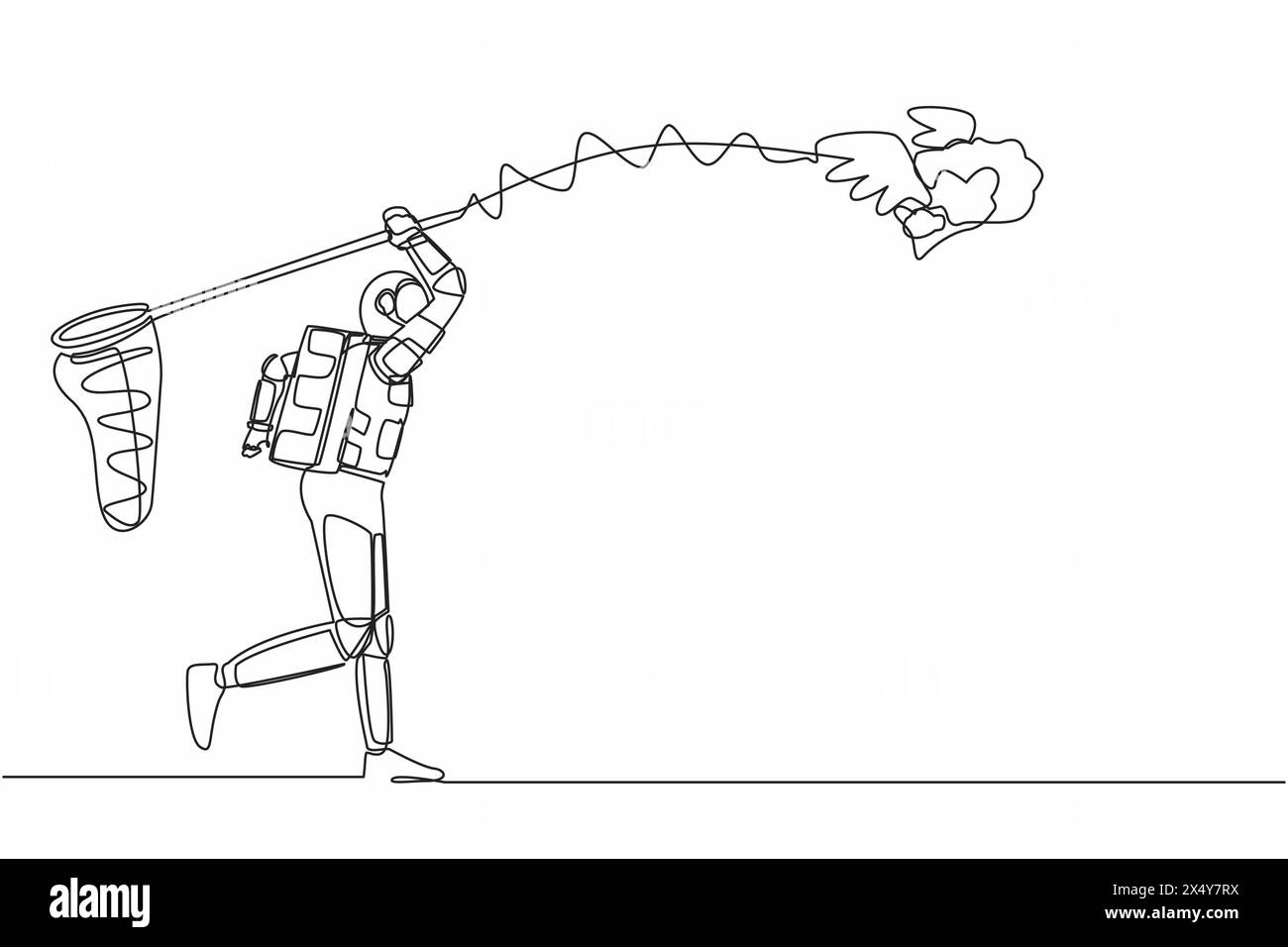 Single one line drawing astronaut try to catch flying brain with ...