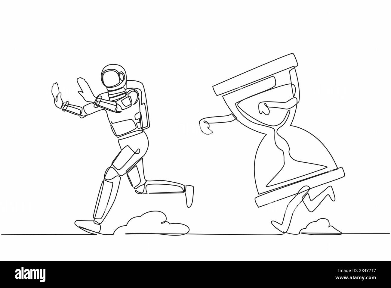 Single continuous line drawing of young astronaut being chased by ...
