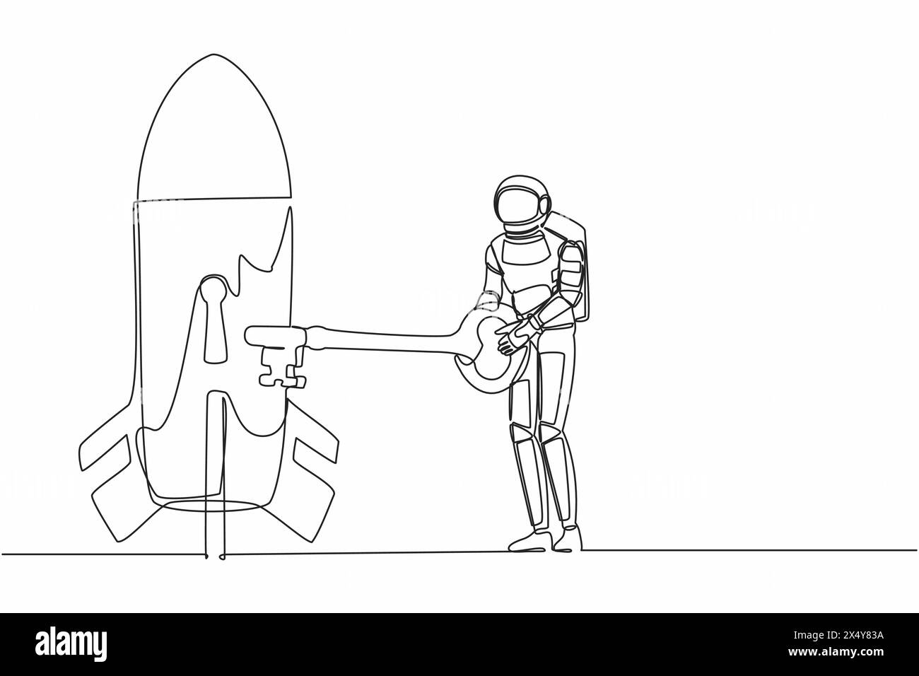 Single continuous line drawing young astronaut putting key into rocket ...