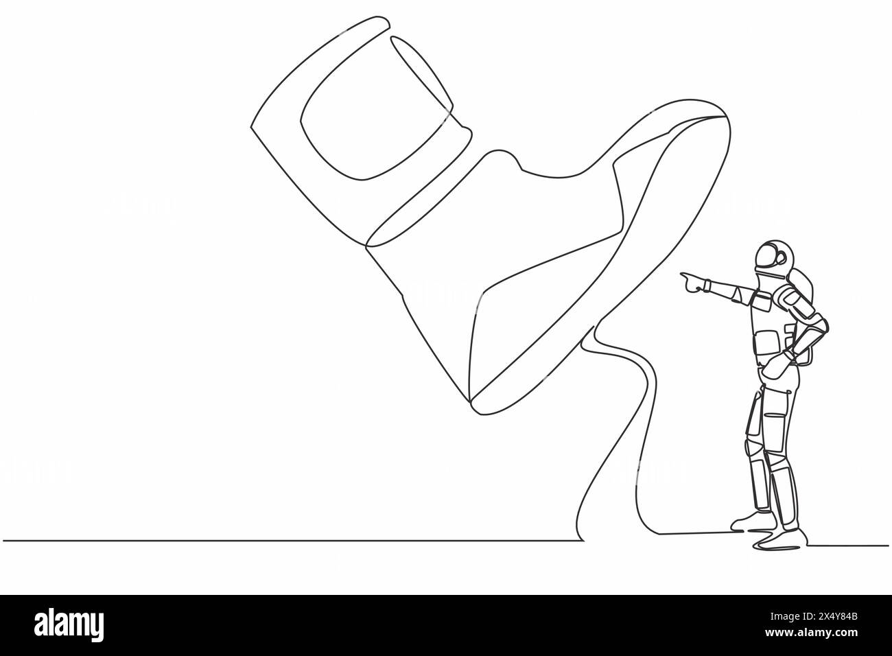 Continuous one line drawing young astronaut facing against giant shoes ...