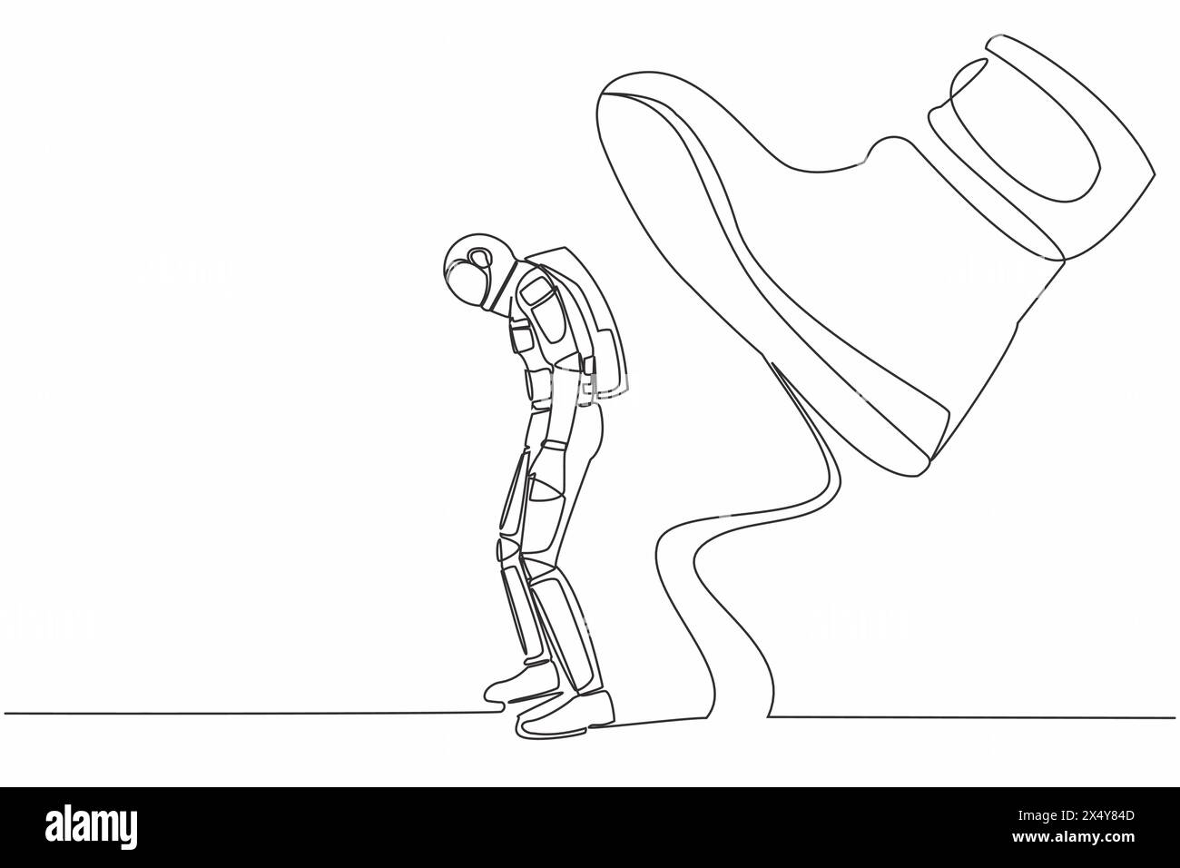 Single one line drawing young astronaut standing weak under huge boot ...