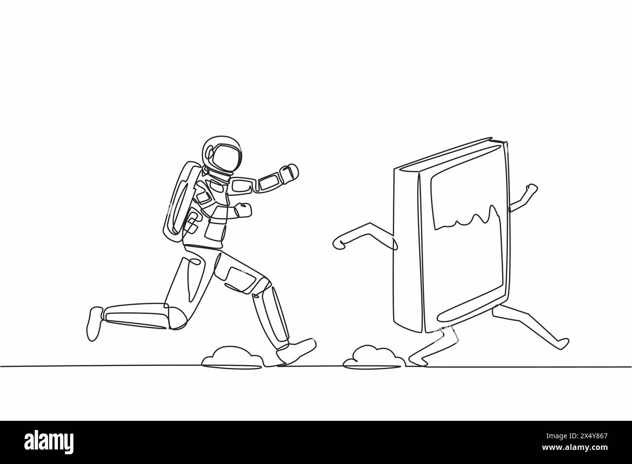 Single one line drawing of young astronaut run chasing textbook for ...