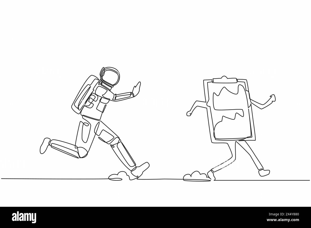 Continuous one line drawing young astronaut run chasing clipboard in ...