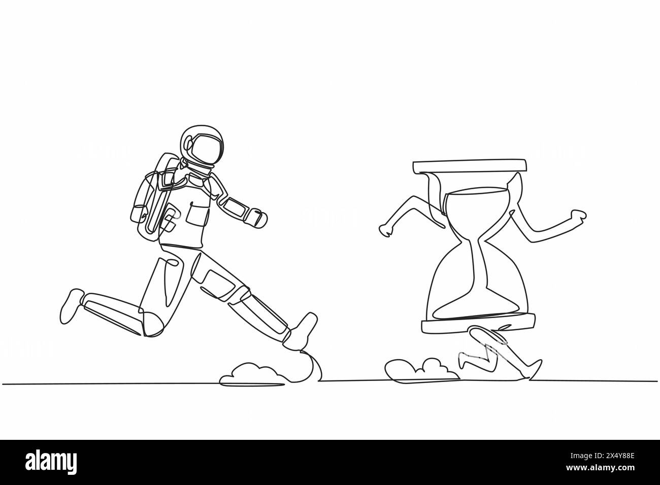 Continuous one line drawing of young astronaut run chasing hourglass in ...