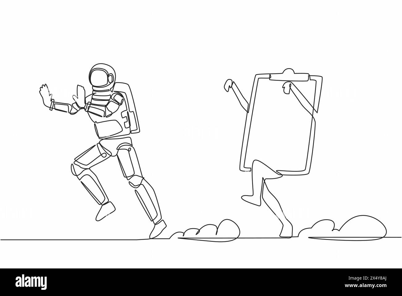 Continuous one line drawing young astronaut being chased by clipboard ...