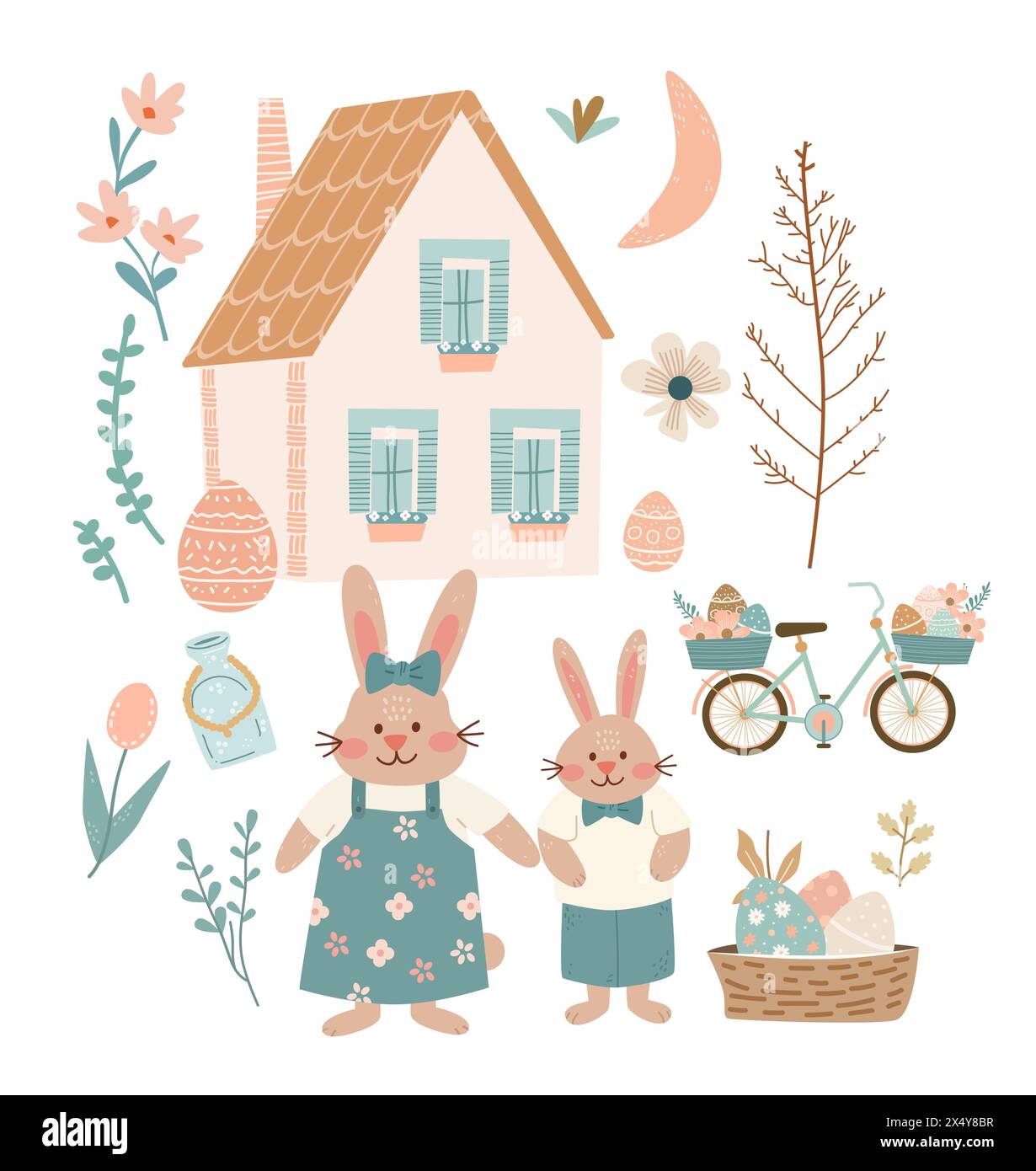 Happy Easter greeting card with rabbits house eggs and spring flowers ...