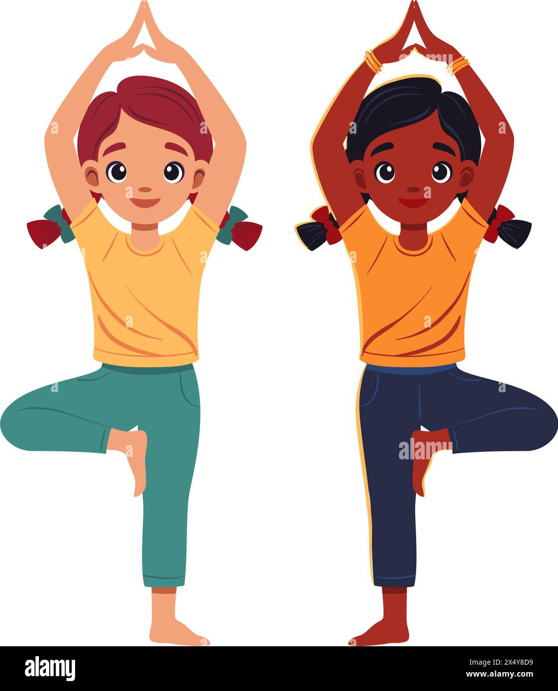 Kid girl doing yoga tree pose Vrikshasana. Fitness concept. Flat vector ...