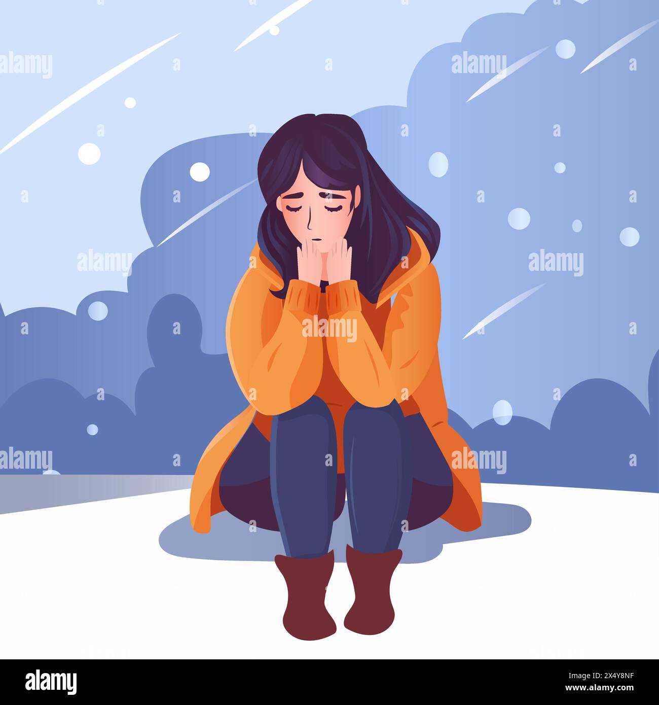 depressed woman sitting on snow sad girl suffering from psychological ...