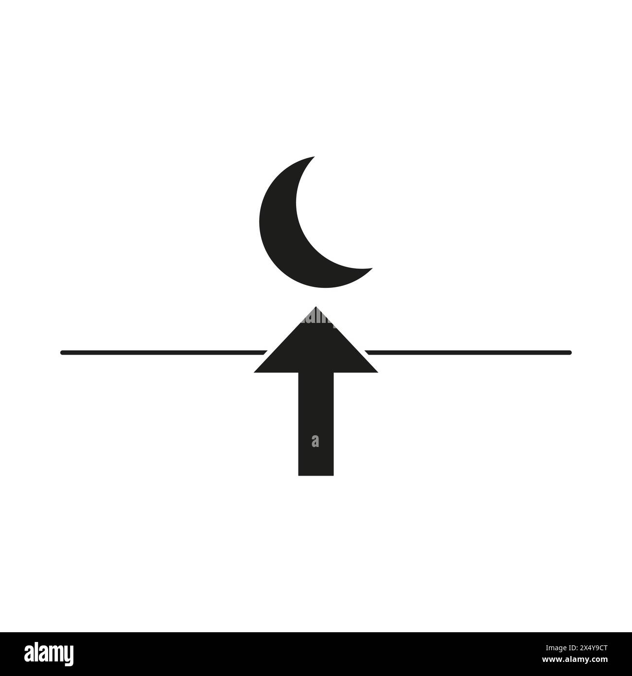 Crescent above arrow. Black minimal icon. Vector graphic symbol. Simple ...