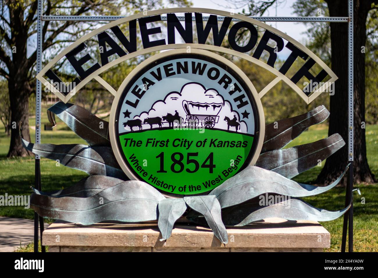Welcome Sign at the entrance of Historic Leavenworth KS First City of ...