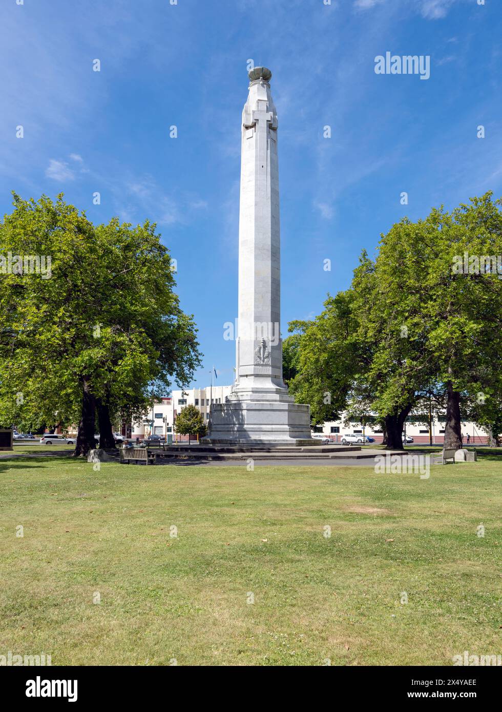 Dunedin, New Zealand - 9 September, 2023: Tall white obelisk war ...