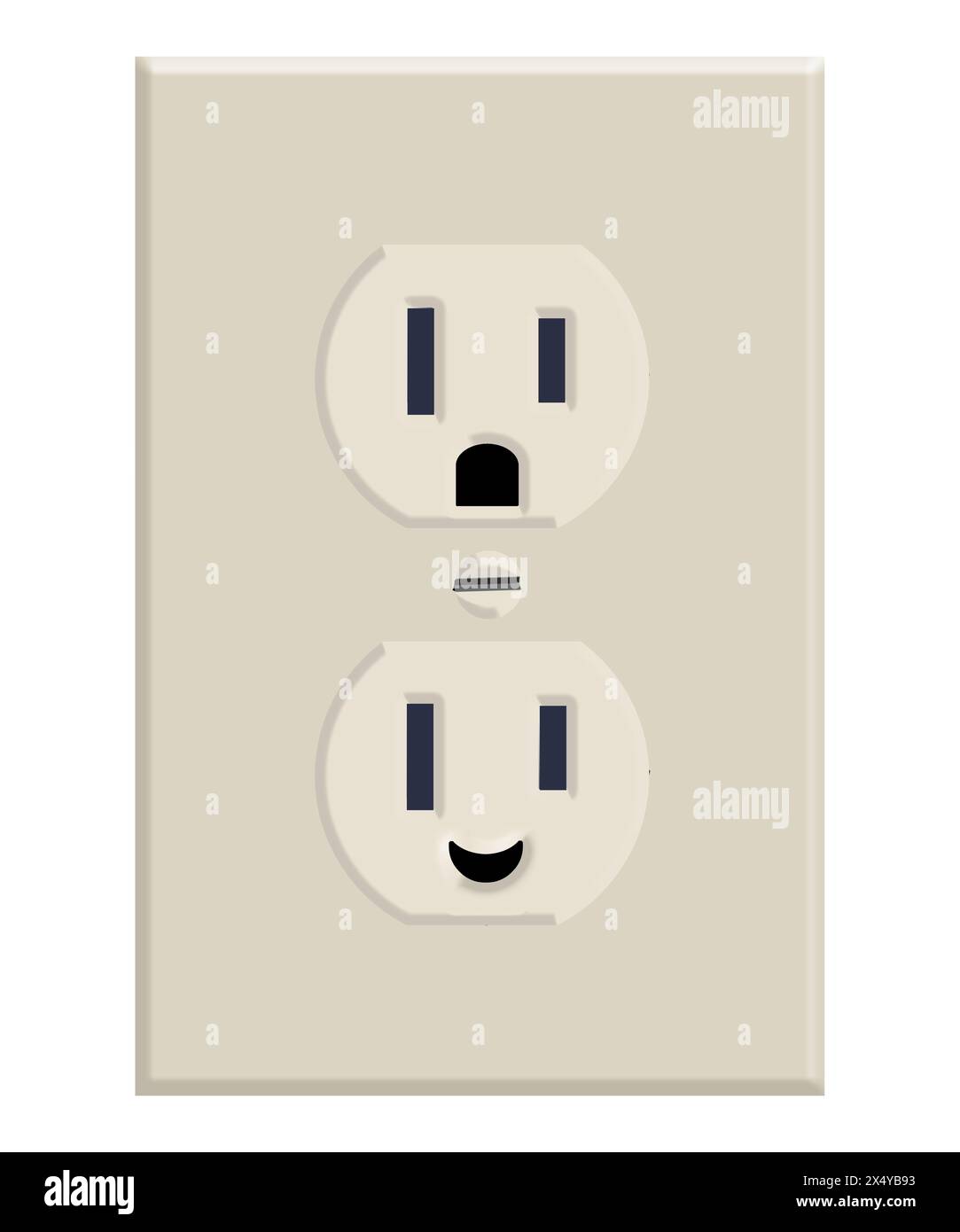 Electric outlets look like faces. One looks shocked and the other has a ...