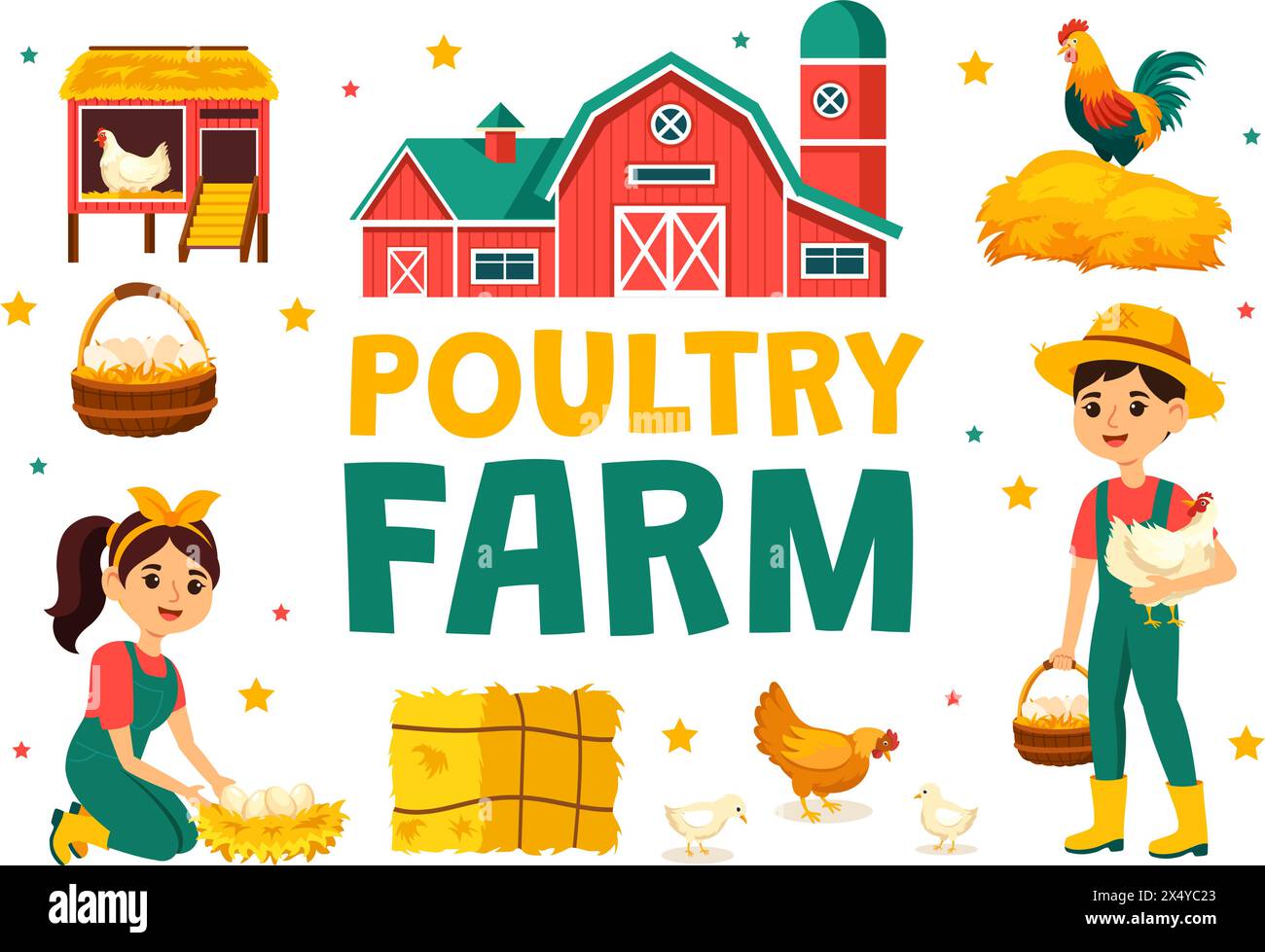 Poultry Farm Vector Illustration with Chickens, Roosters, Straw, Cage ...