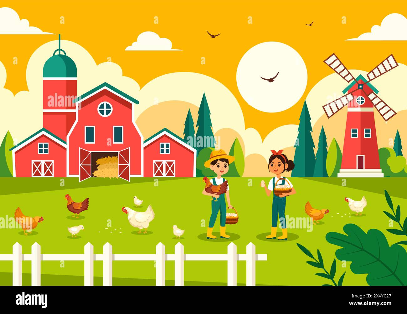 Poultry Farm Vector Illustration with Chickens, Roosters, Straw, Cage ...