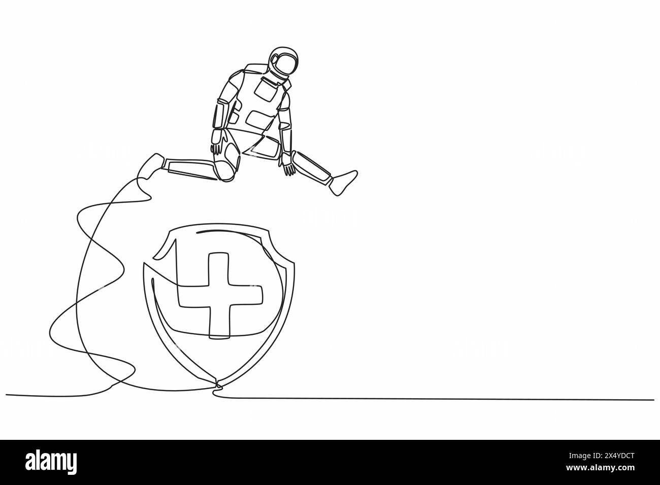 Continuous one line drawing young astronaut jump over big shield ...