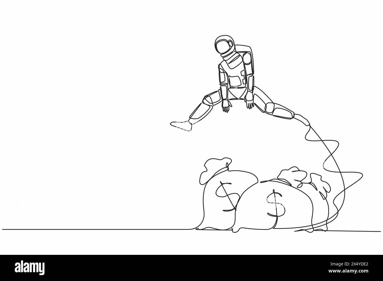 Continuous one line drawing astronaut jumping over money bag. Loan ...