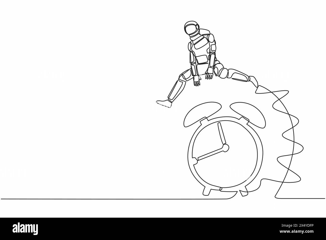 Continuous one line drawing young astronaut jumping over alarm clock ...