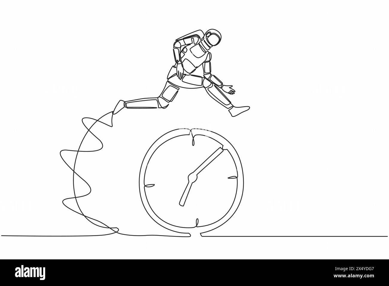 Single continuous line drawing astronaut jumping over clock. Time ...