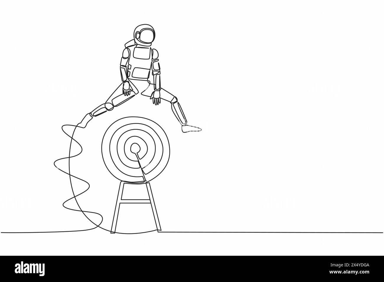 Single continuous line drawing young astronaut jumping on big archery ...