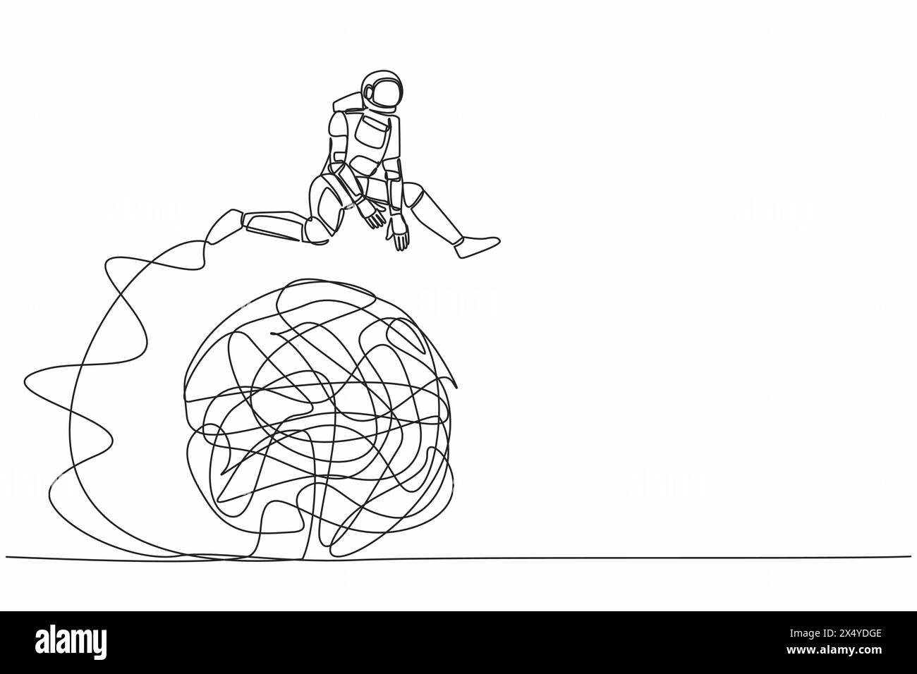 Continuous one line drawing young astronaut jumping over messy line in ...