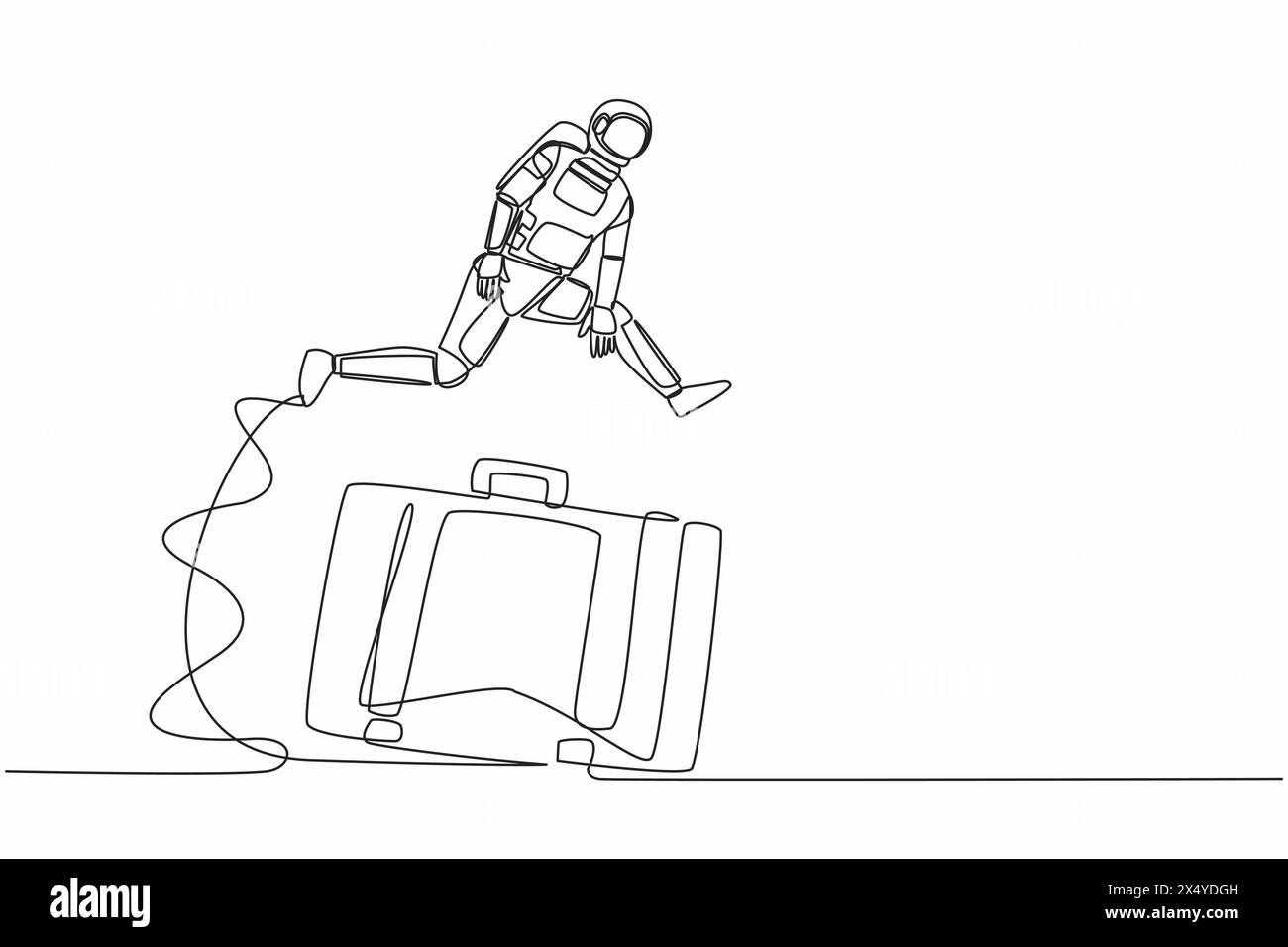 Single one line drawing young astronaut jump over big briefcase ...