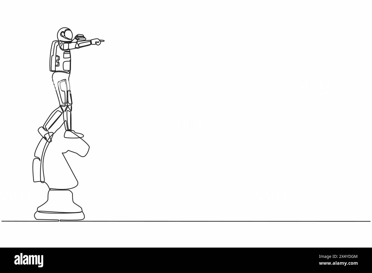 Single continuous line drawing young astronaut on top big horse chess piece using binocular ...