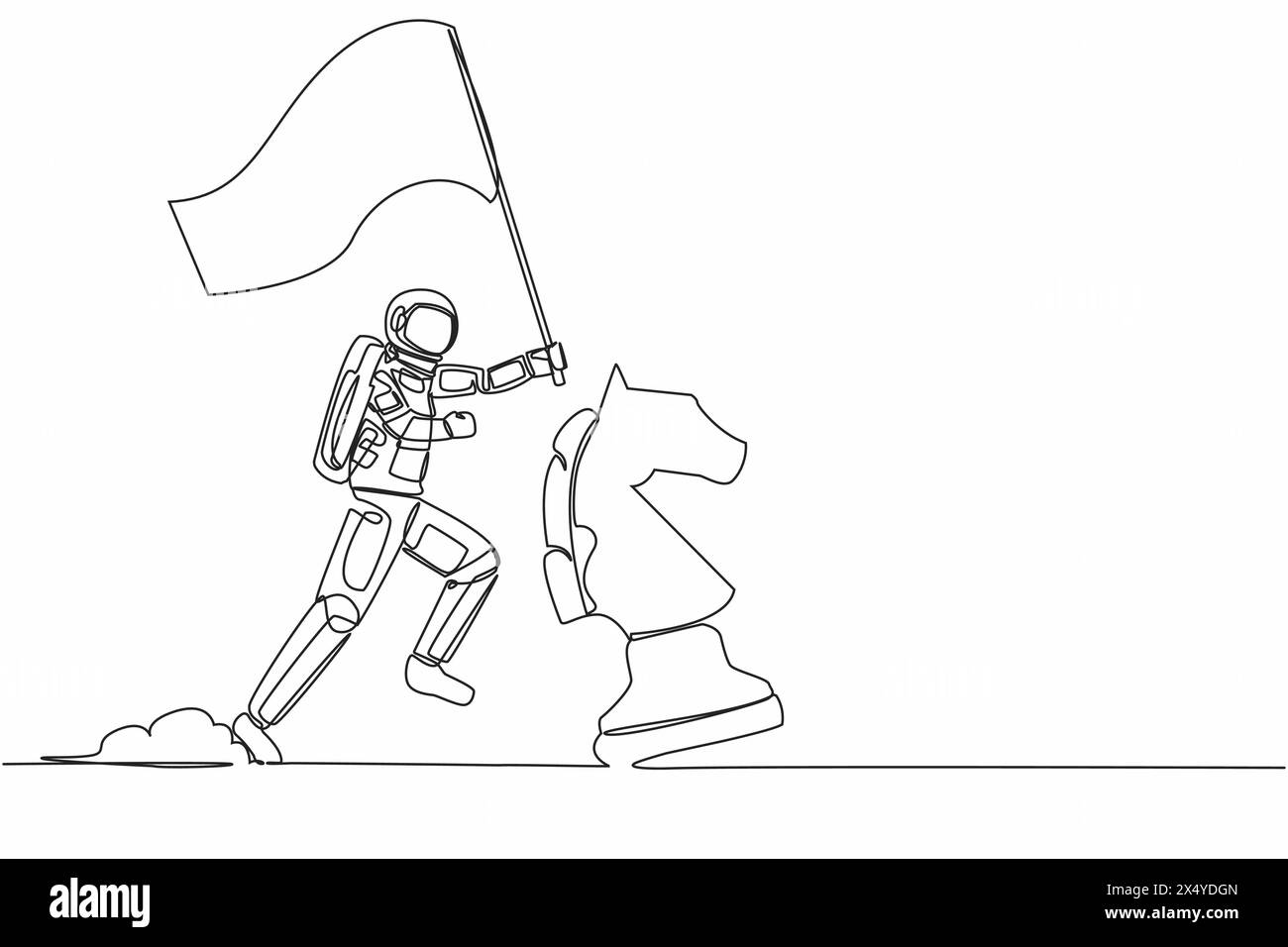 Continuous one line drawing astronaut running and holding flag beside ... Continuous one line drawing astronaut running and holding flag beside ...