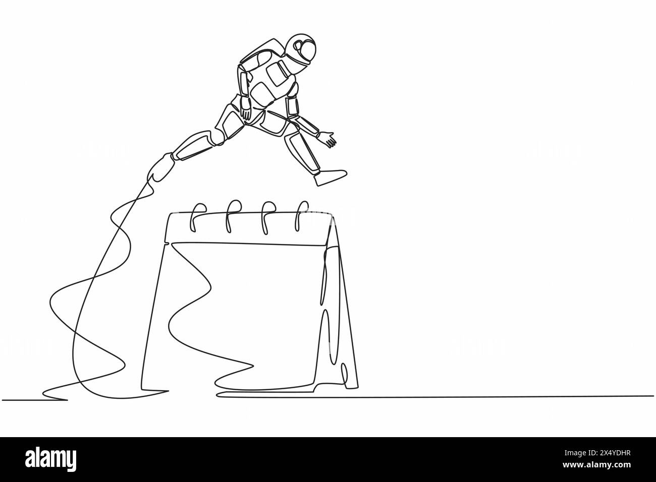 Continuous one line drawing of young astronaut jumping over big ...
