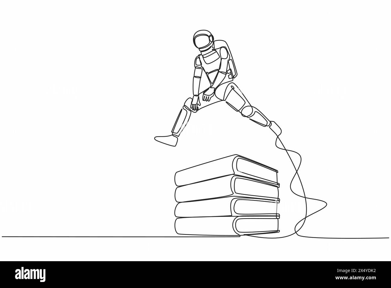 Single continuous line drawing astronaut jump over pile of binders ...