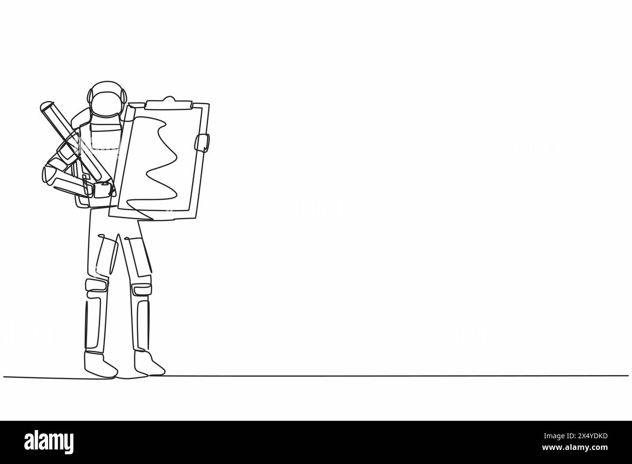 Continuous one line drawing young astronaut standing and holding ...