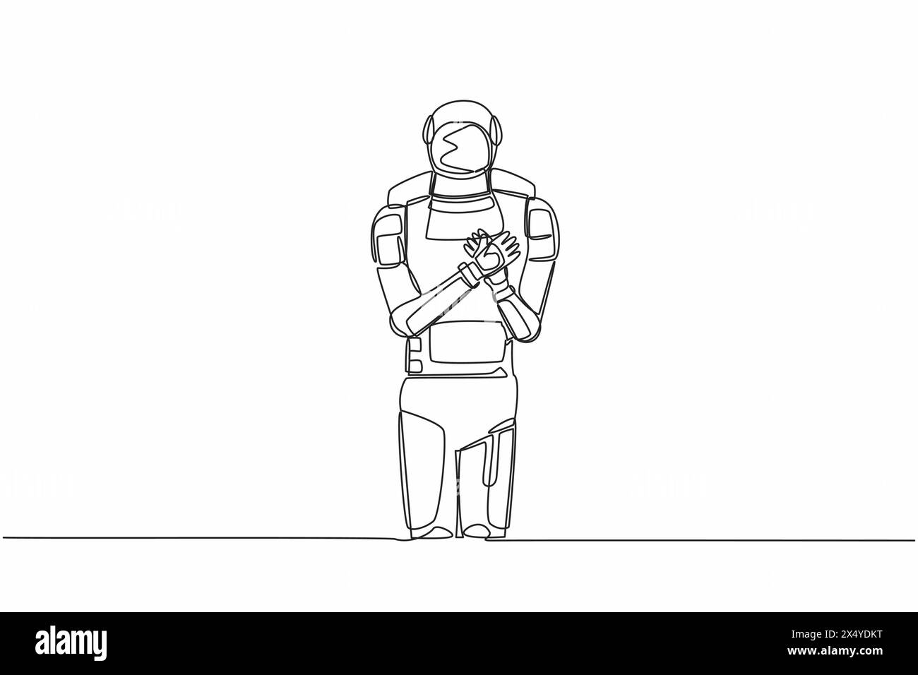 Continuous one line drawing young astronaut standing with keeping hands ...