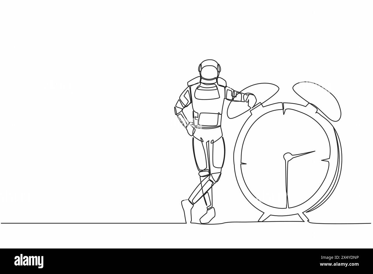 Single one line drawing young astronaut lean on big alarm clock in moon ...