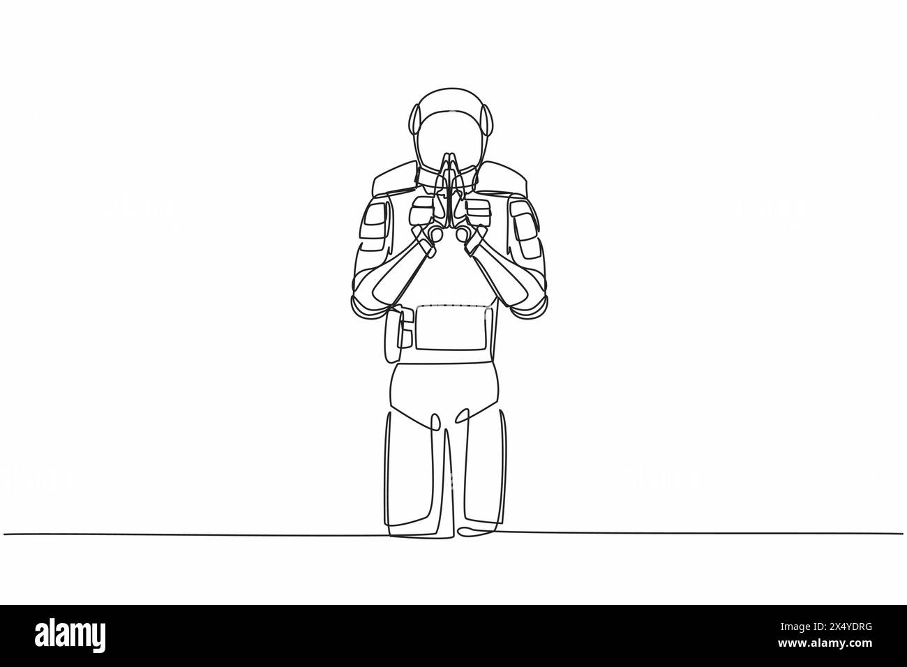 Single one line drawing young astronaut standing with holding palms in ...