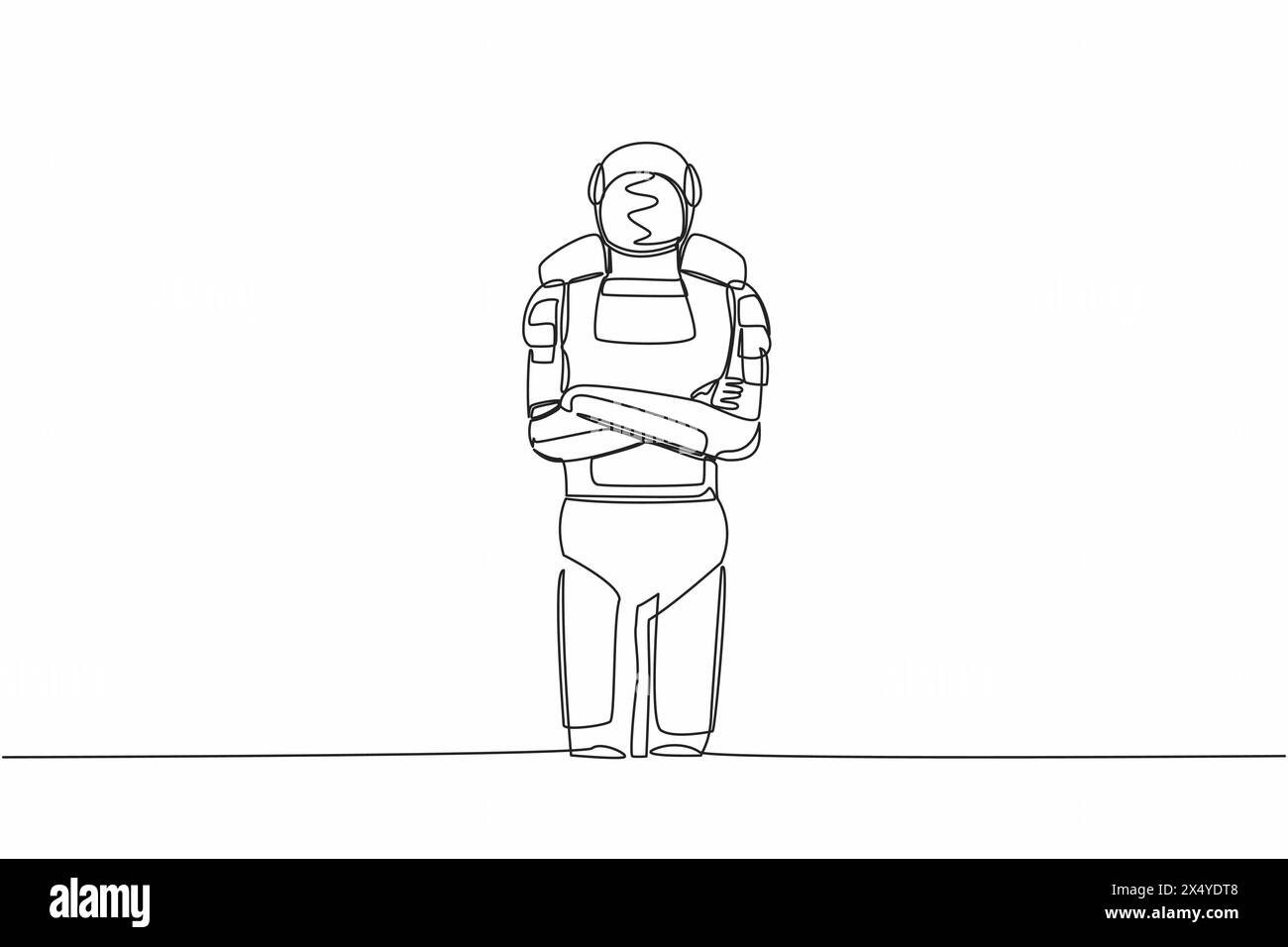 Single one line drawing young astronaut standing with folded arms pose ...