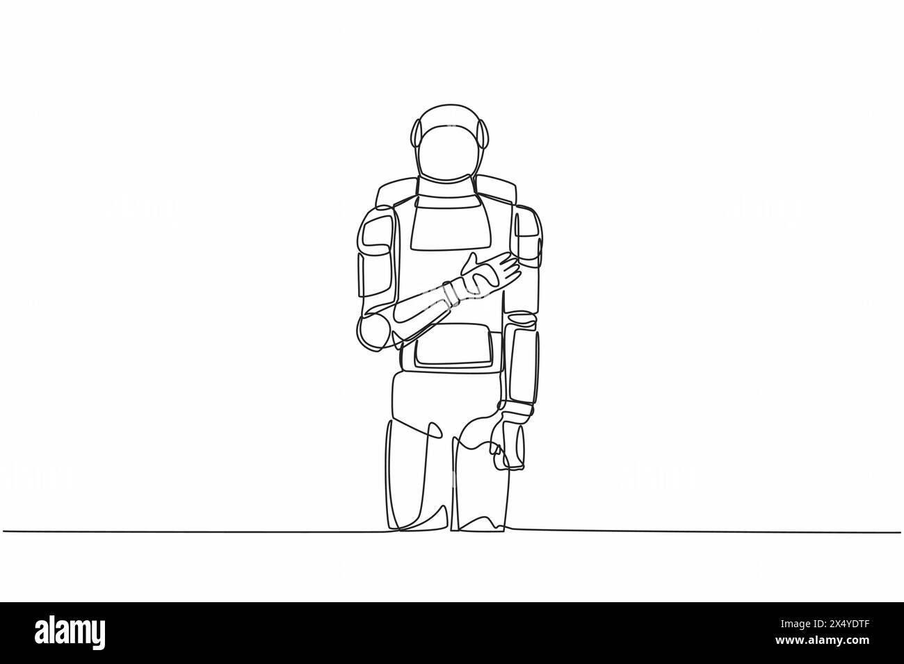 Continuous one line drawing young astronaut standing with keeping hands ...