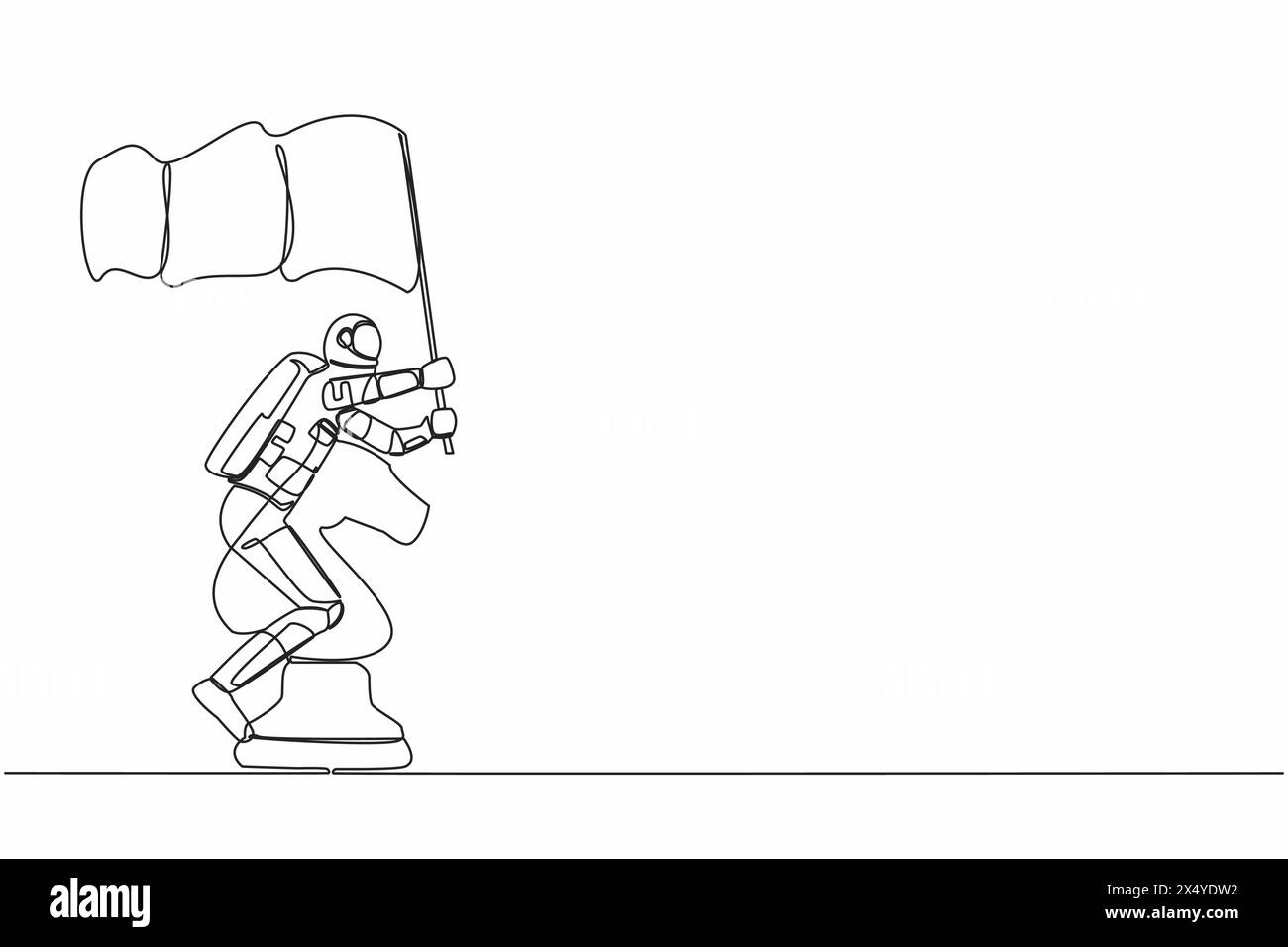 Single continuous line drawing young astronaut riding big chess horse ...