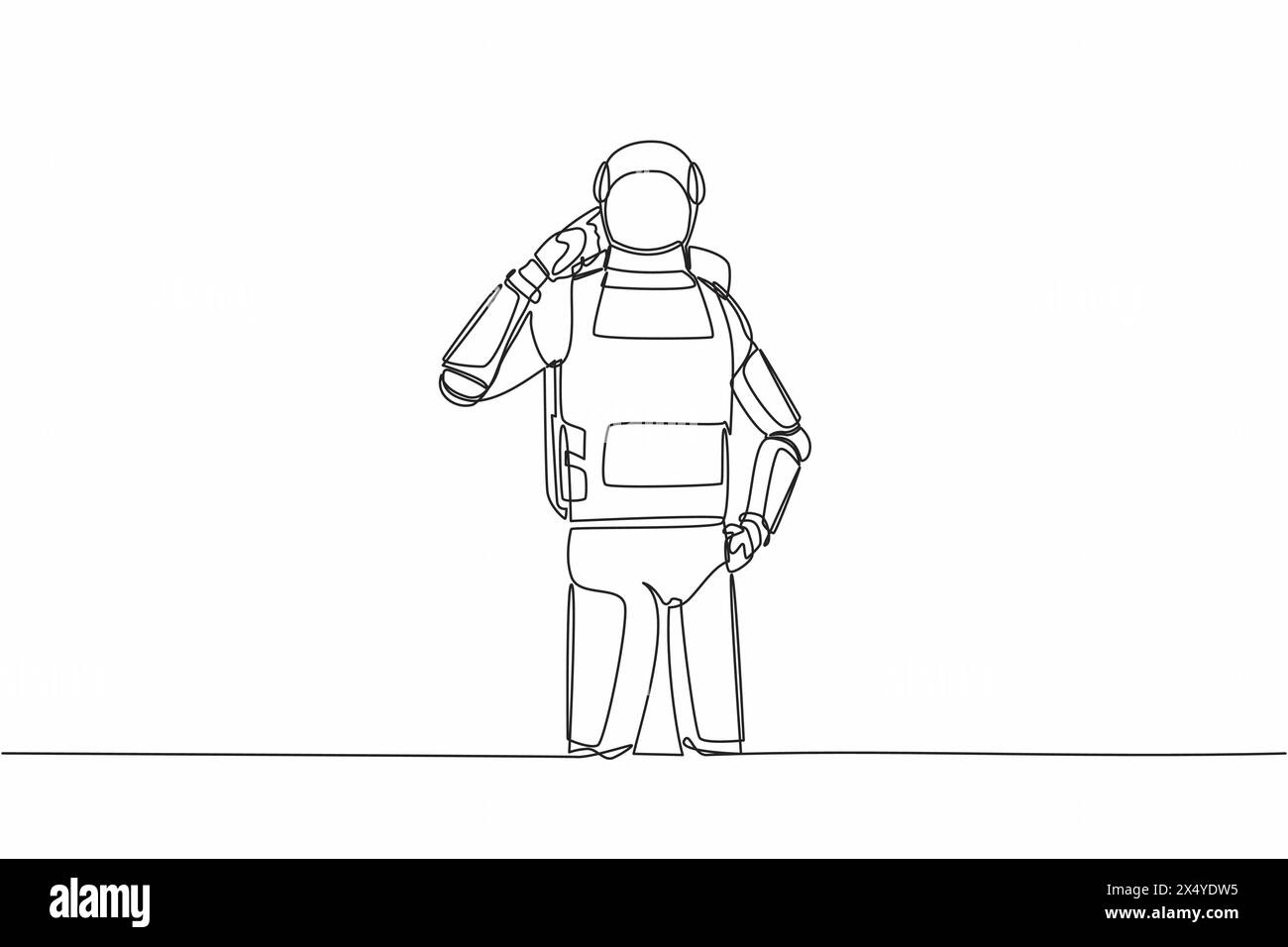Single one line drawing young astronaut standing with pointing his head ... Single one line drawing young astronaut standing with pointing his head ...