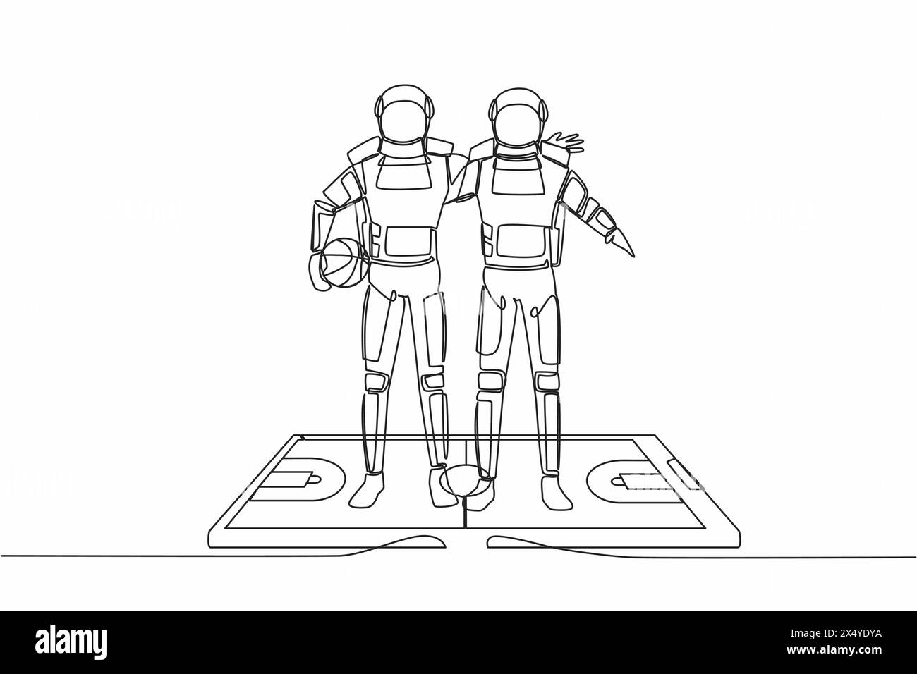 Single one line drawing of two basketball players astronaut embrace ...